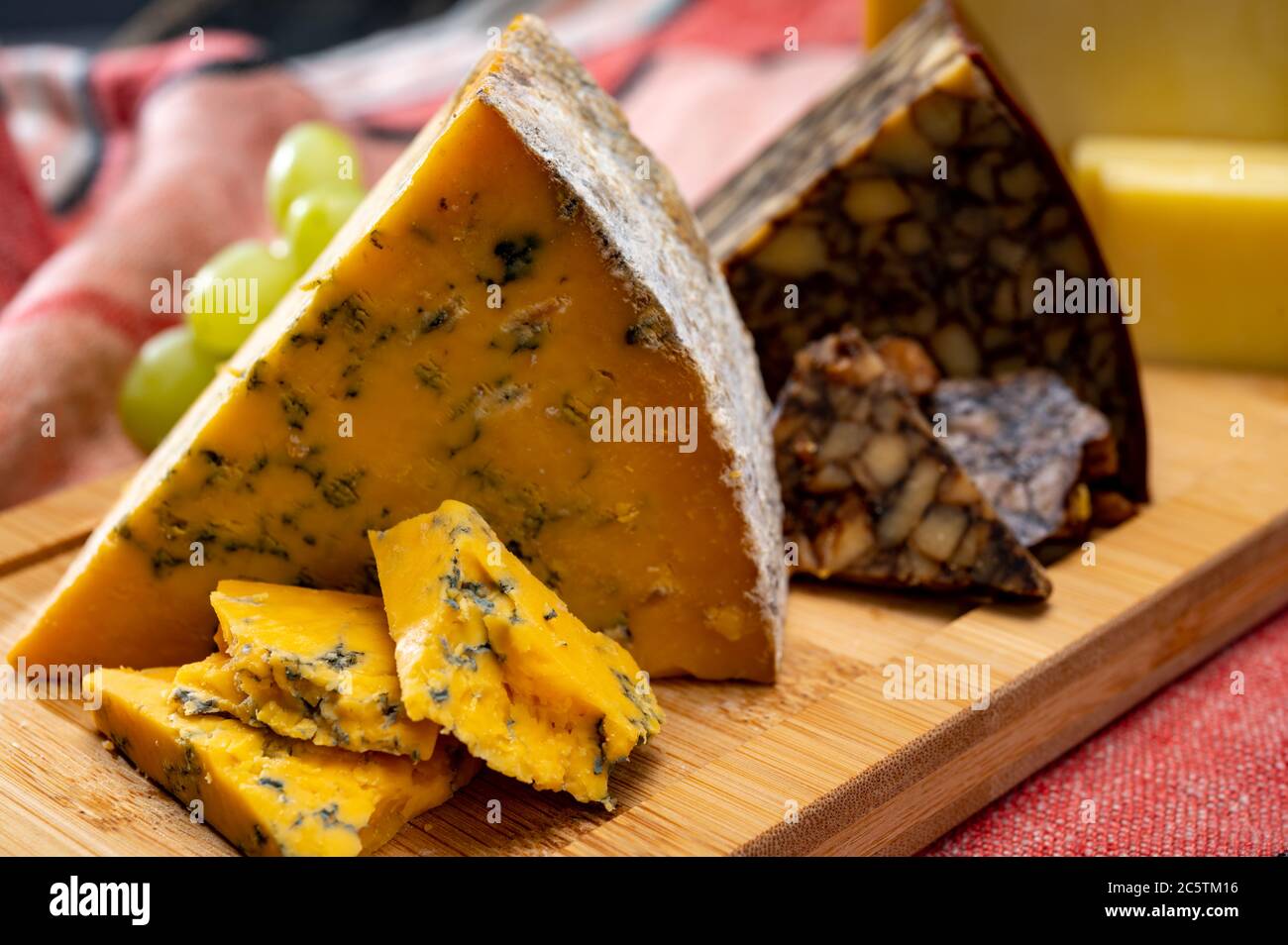 British and Irish cheeses, tasting plate with blue shropshire, brown ...