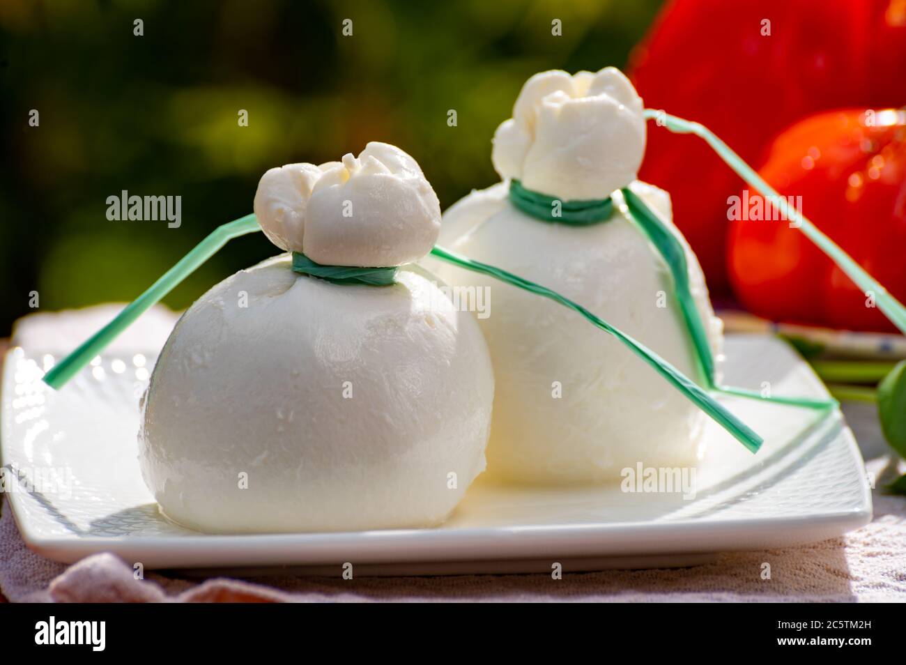 Fresh italian white soft cheese burrata or burratina served on outdoor ...