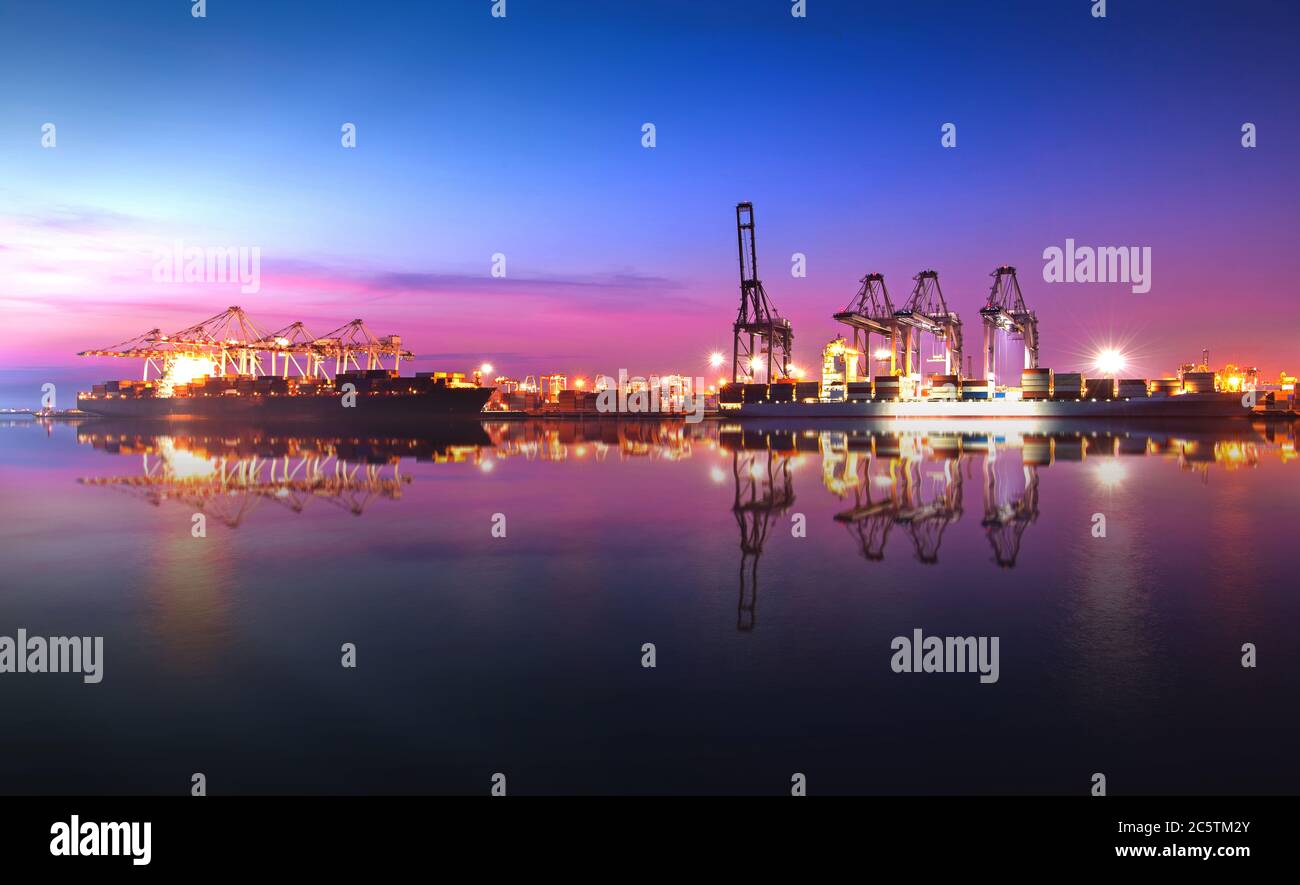 Reflection at dock Terminal of Logistics Containers cargo. Import and ...