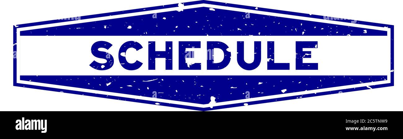 Grunge blue schedule word hexagon rubber seal stamp on white background ...