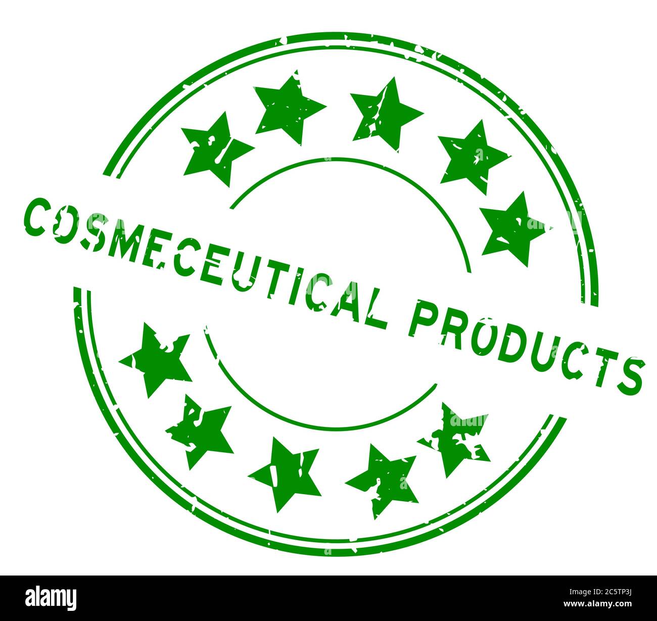 Grunge green cosmeceutical products word with star icon round rubber ...