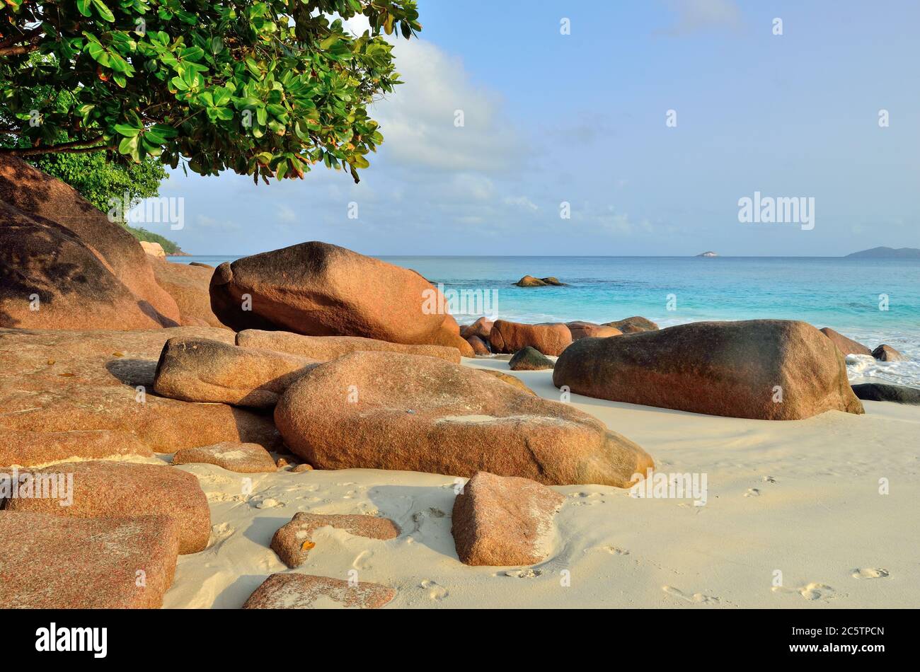Granite rocky beaches on Seychelles islands at sunrise, Praslin, Anse ...