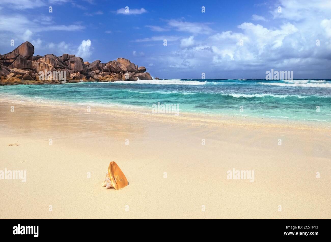 Granite rocky beaches on Seychelles islands, La Digue,Grand Anse. Big ...