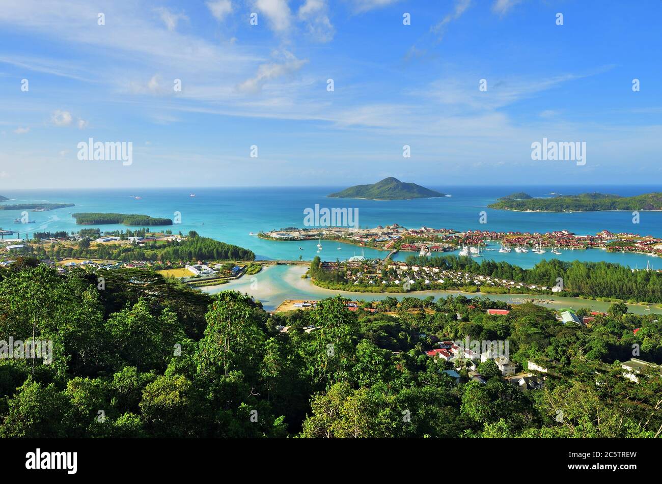 Aerial view on the coastline of the Seychelles Islands and luxury Eden ...
