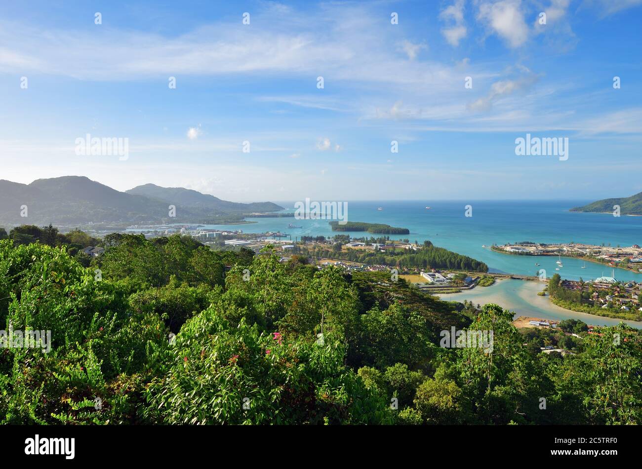 Aerial view on the coastline of the Seychelles Islands and luxury Eden ...