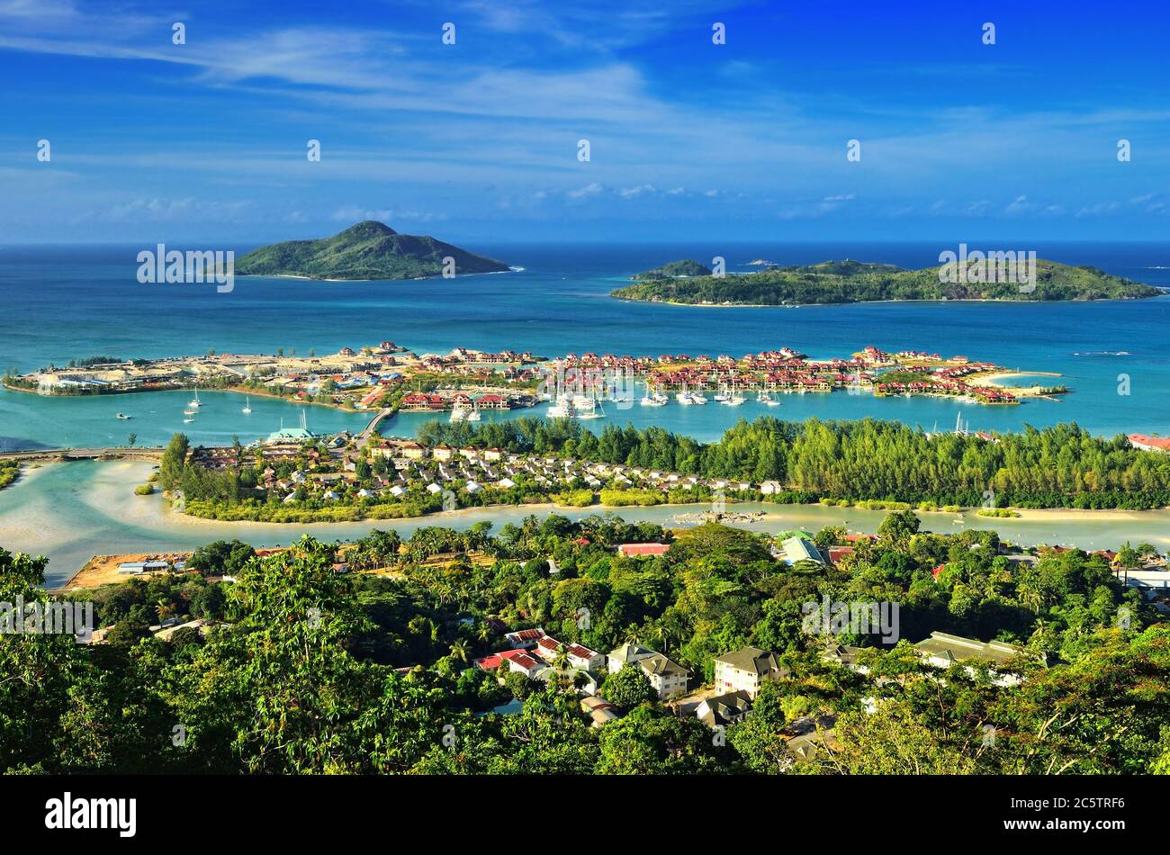 Aerial view on the coastline of the Seychelles Islands and luxury Eden ...