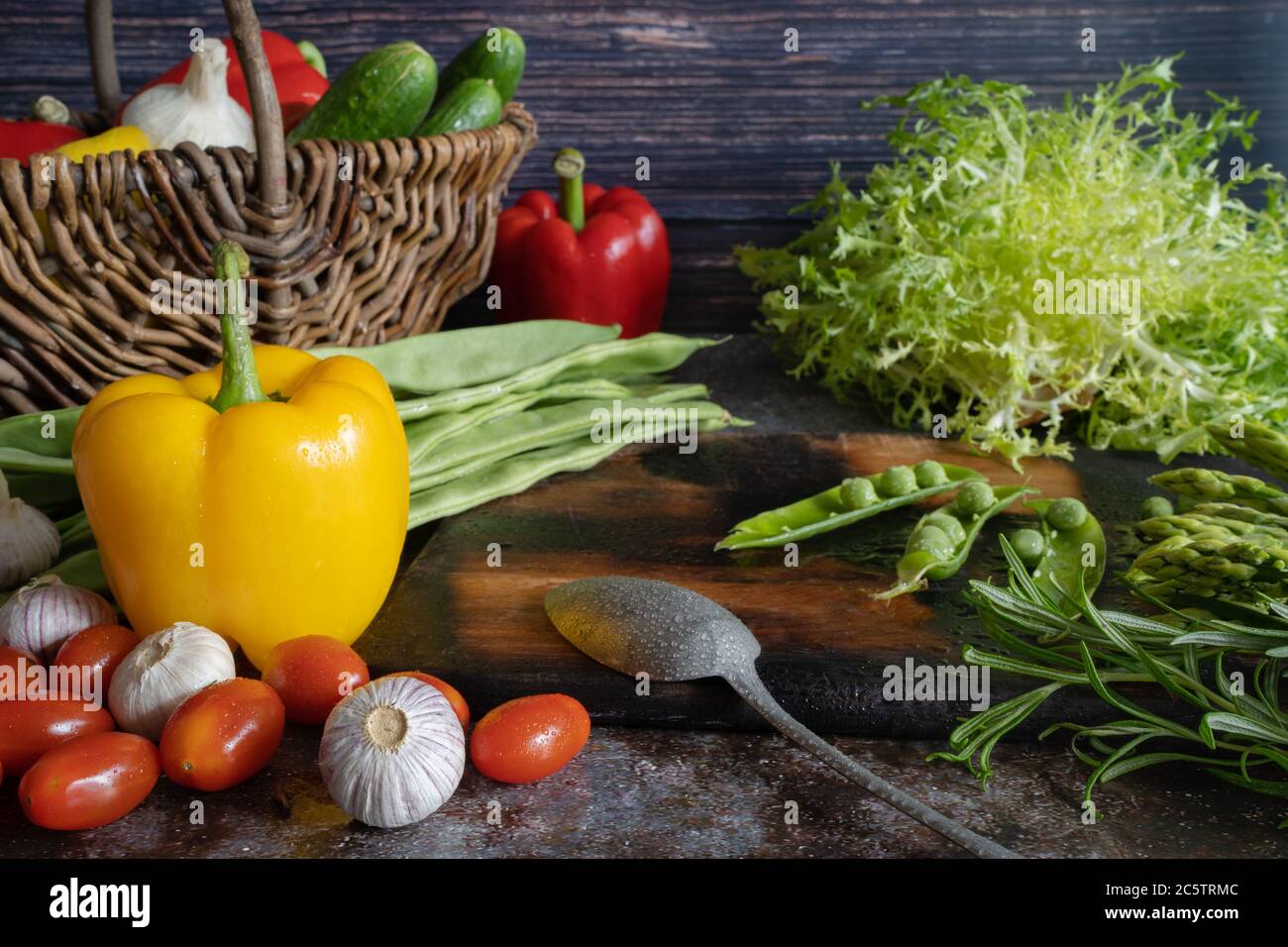 Still life with various types of fresh vegetables in a baskets. Concept ...