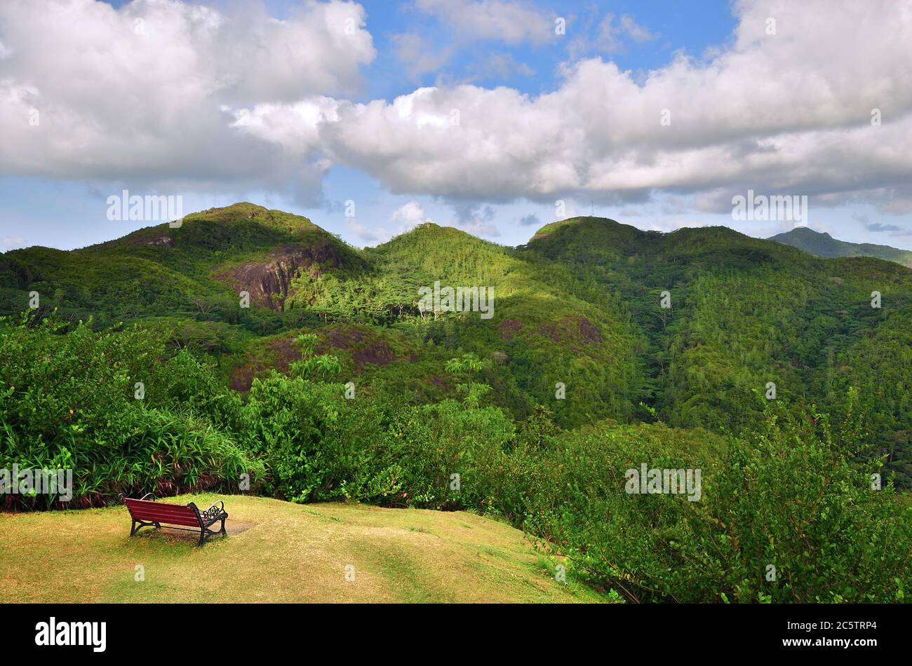 Aerial view on the beautiful mountain landscape of the Seychelles ...
