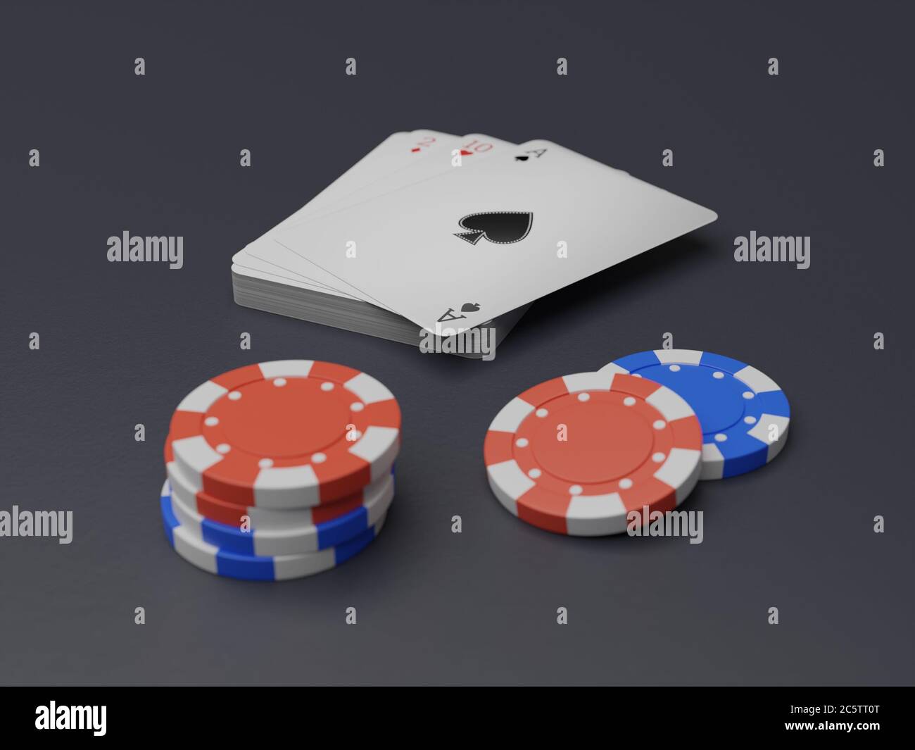 Deck of cards with ace of spades on top with red and blue poker chips ...