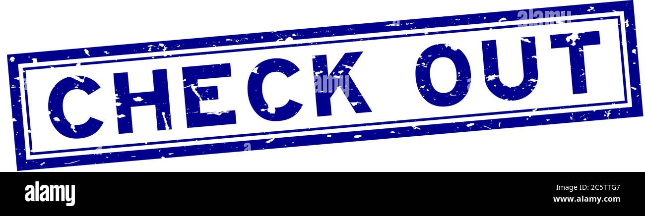 Grunge blue check out word square rubber seal stamp on white background ...
