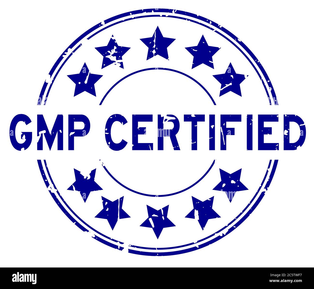 Grunge blue gmp certified word with star icon round rubber seal stamp on white background Stock ...