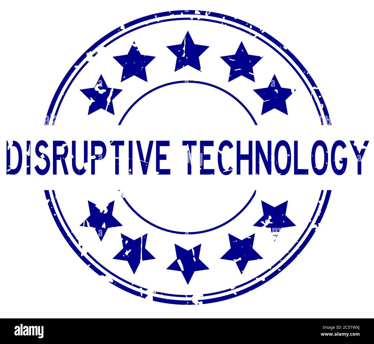Grunge blue disruptive technology word with star icon round rubber seal ...