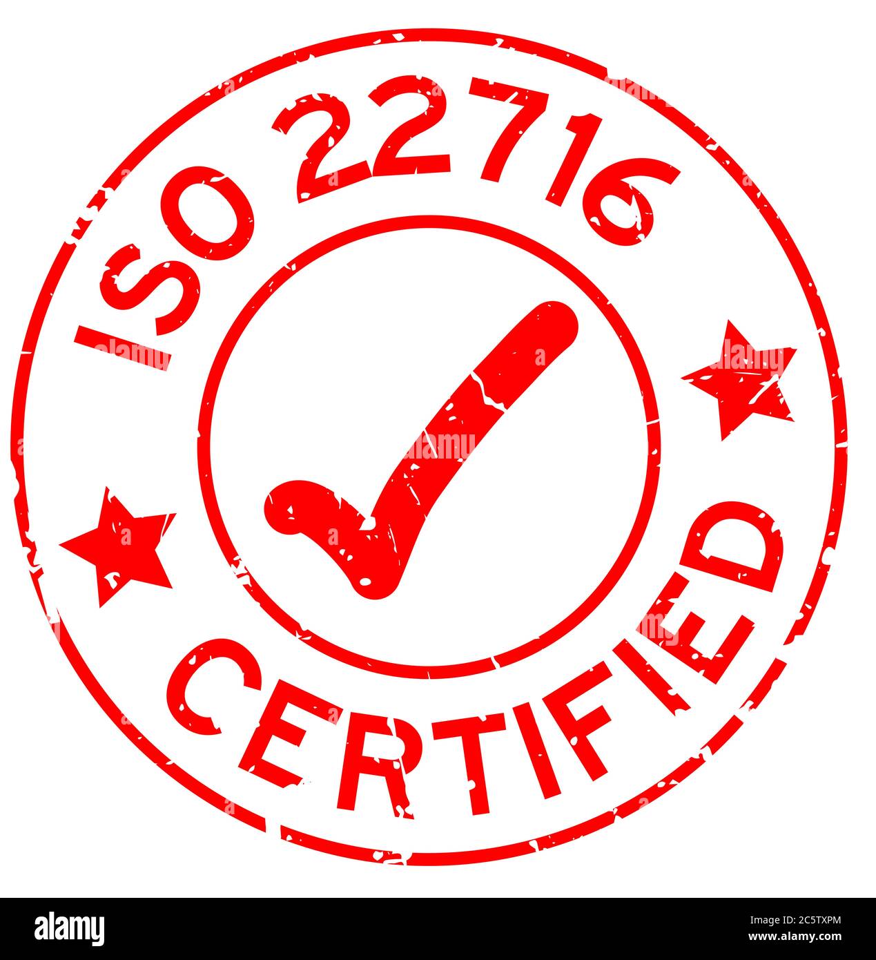 Grunge red ISO 22716 certified with mark icon round rubber seal stamp on white background Stock ...
