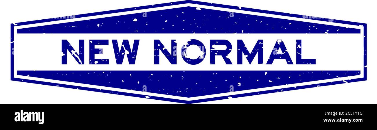 Grunge blue new normal word hexagon rubber seal stamp on white ...