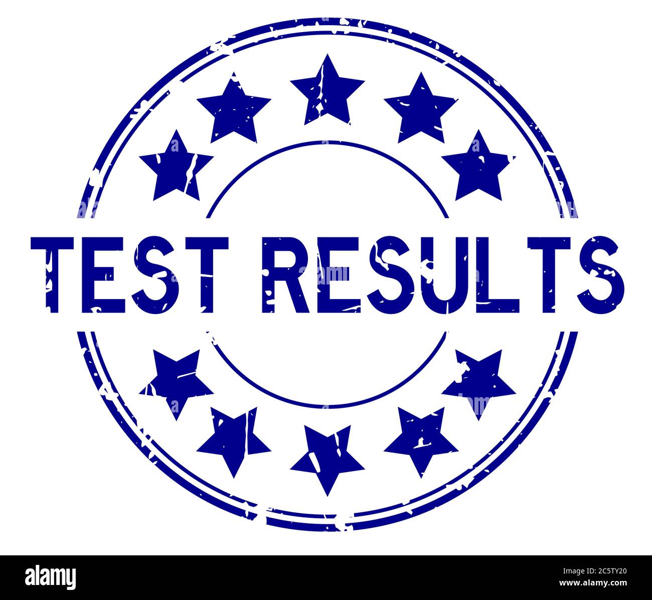 Grunge blue test results word with star icon rubber seal stamp on white ...