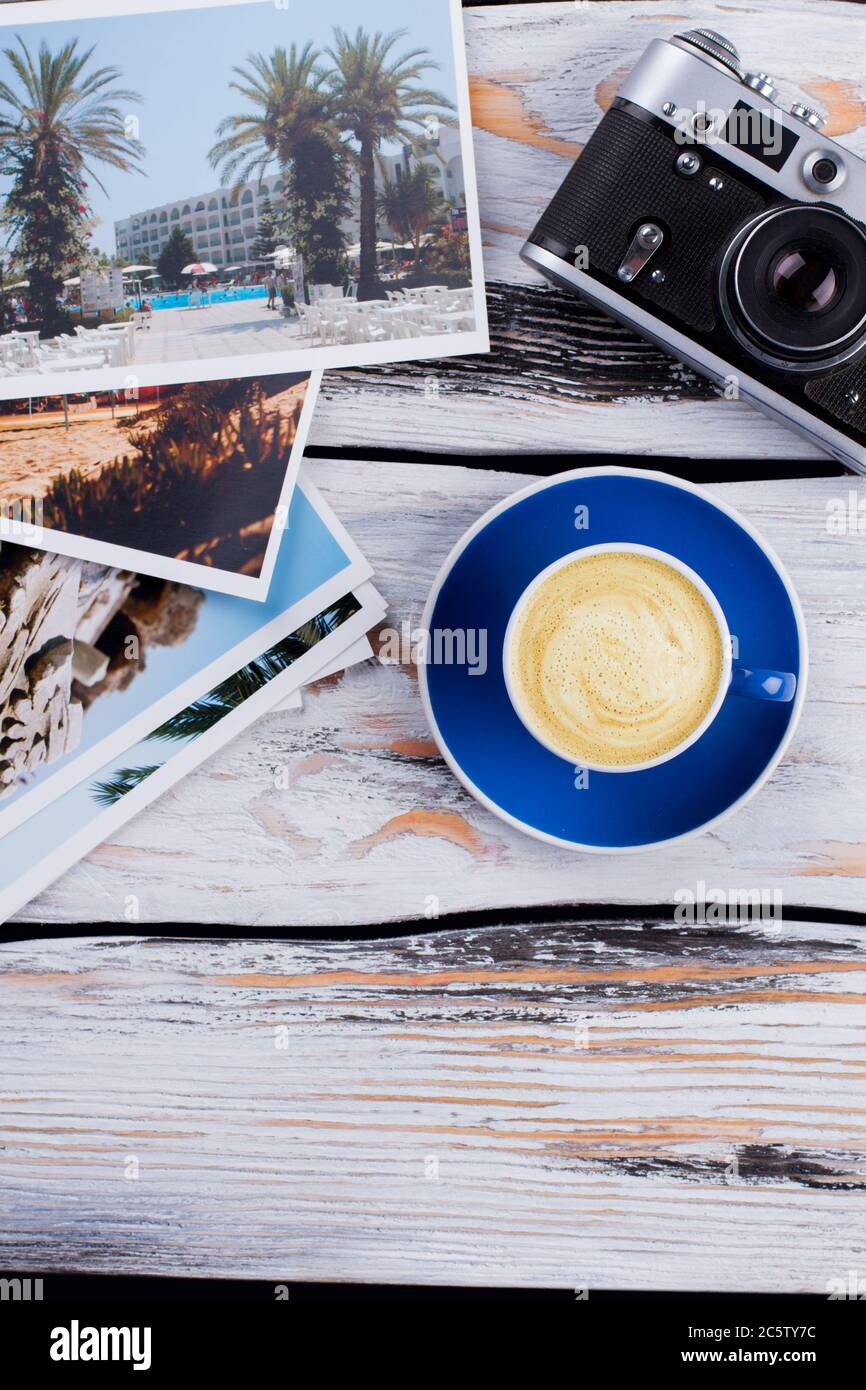 Camera and coffee top view with copy space hi-res stock photography and ...