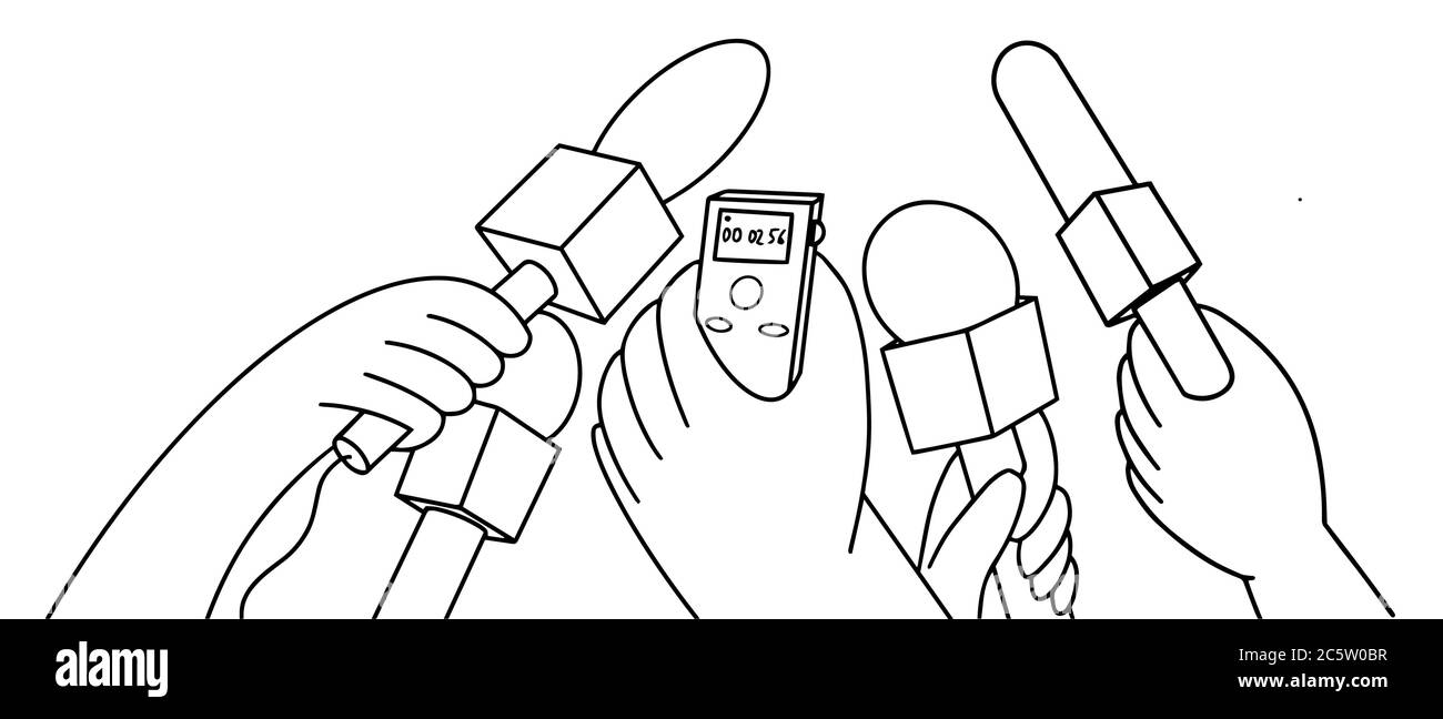 hands with microphone and voice recorder. Vector illustration doodle ...