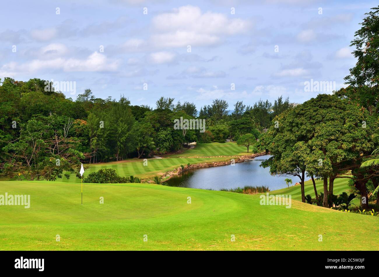 Golf field on the tropical island of Praslin, Seychelles islands Stock ...
