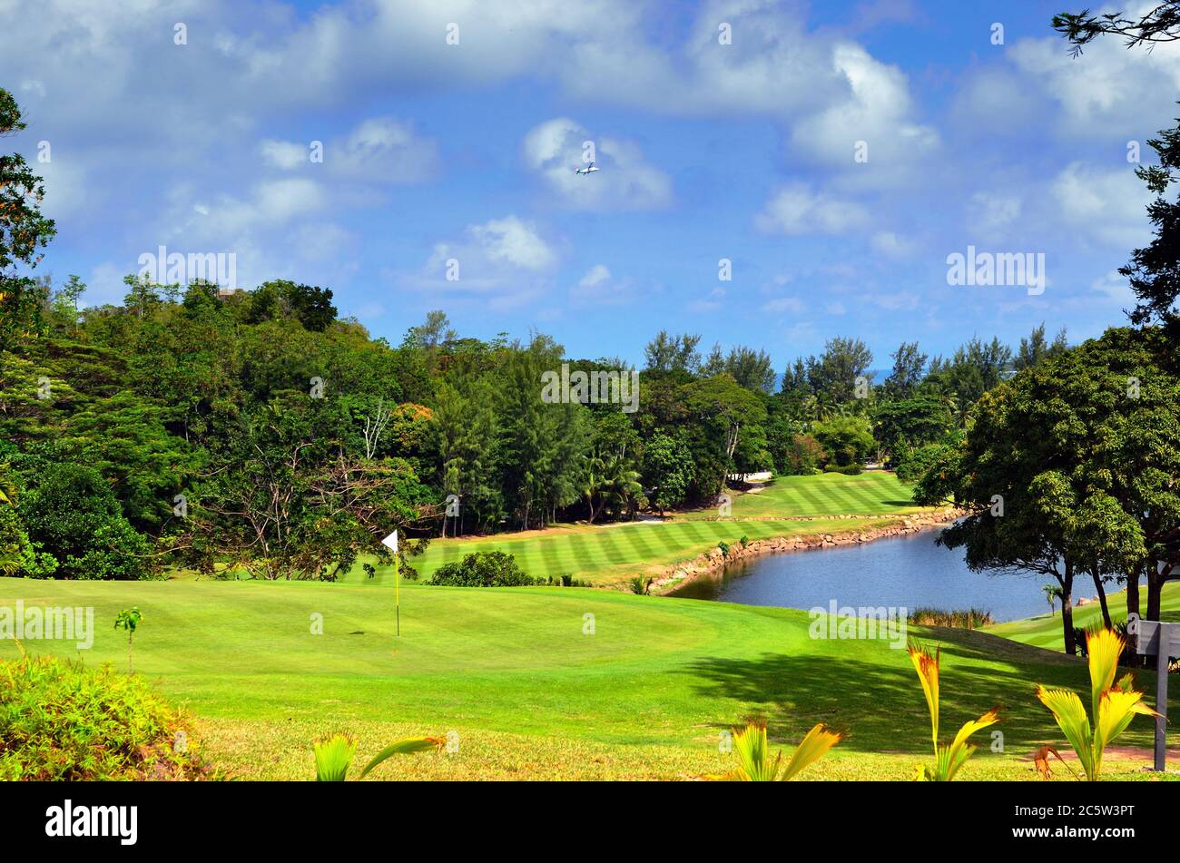 Golf field at island Praslin, Seychelles. Nature background Stock Photo ...