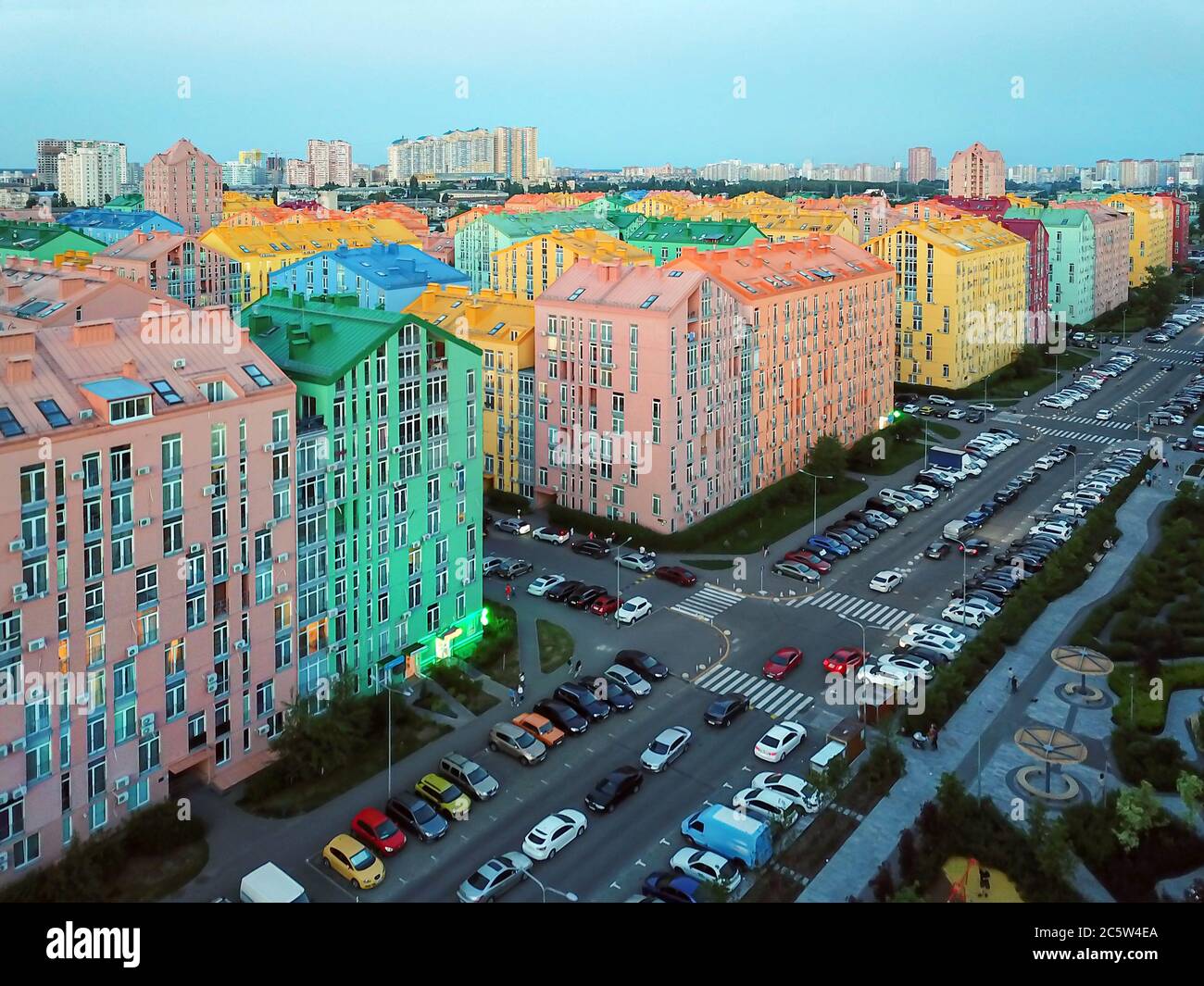 Colorful houses in the Comfort Town area in Kiev at sunny weather ...