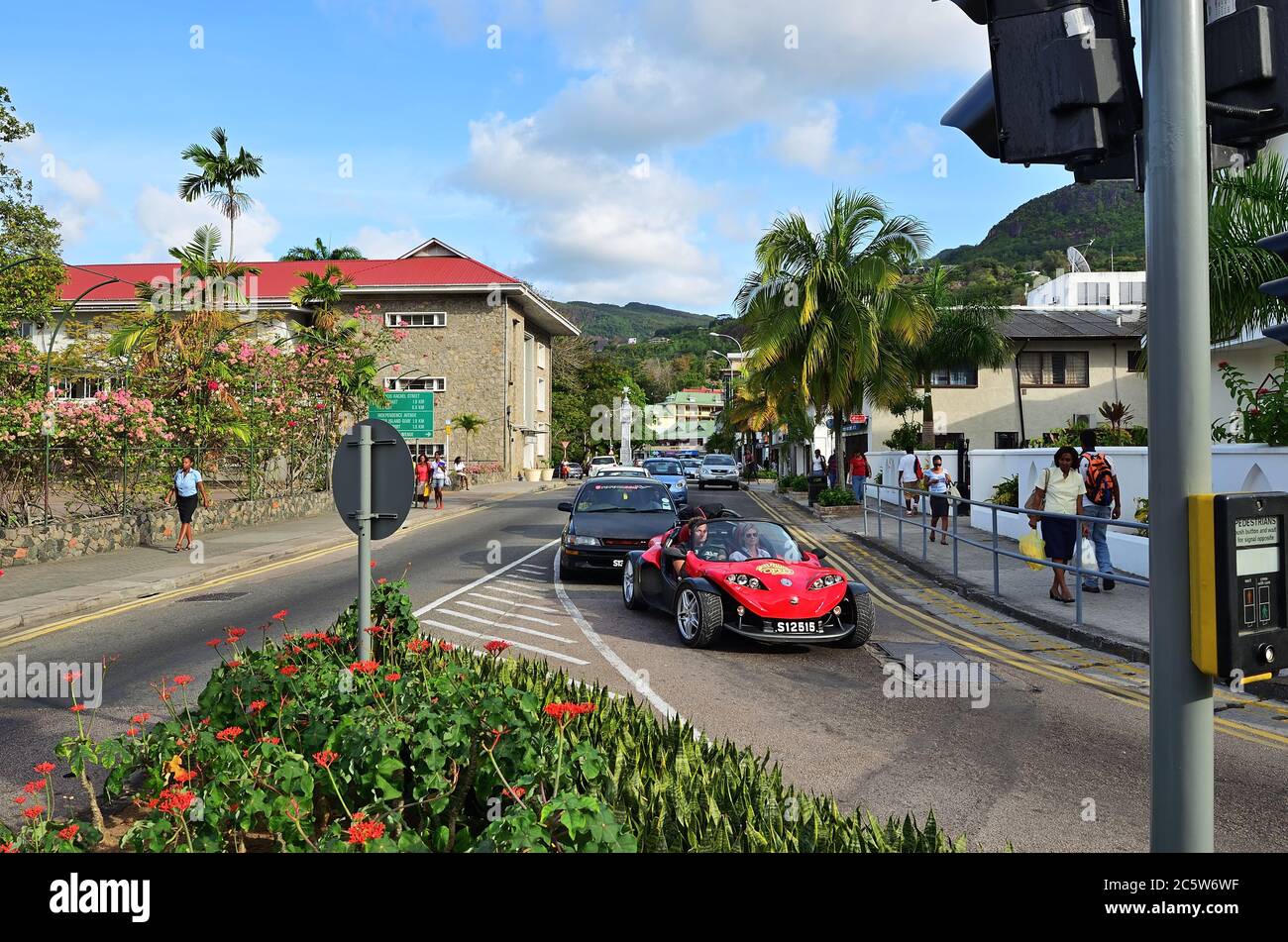 Victoria, Seychelles - July 8, 2011: Street scene in Victoria, car ...