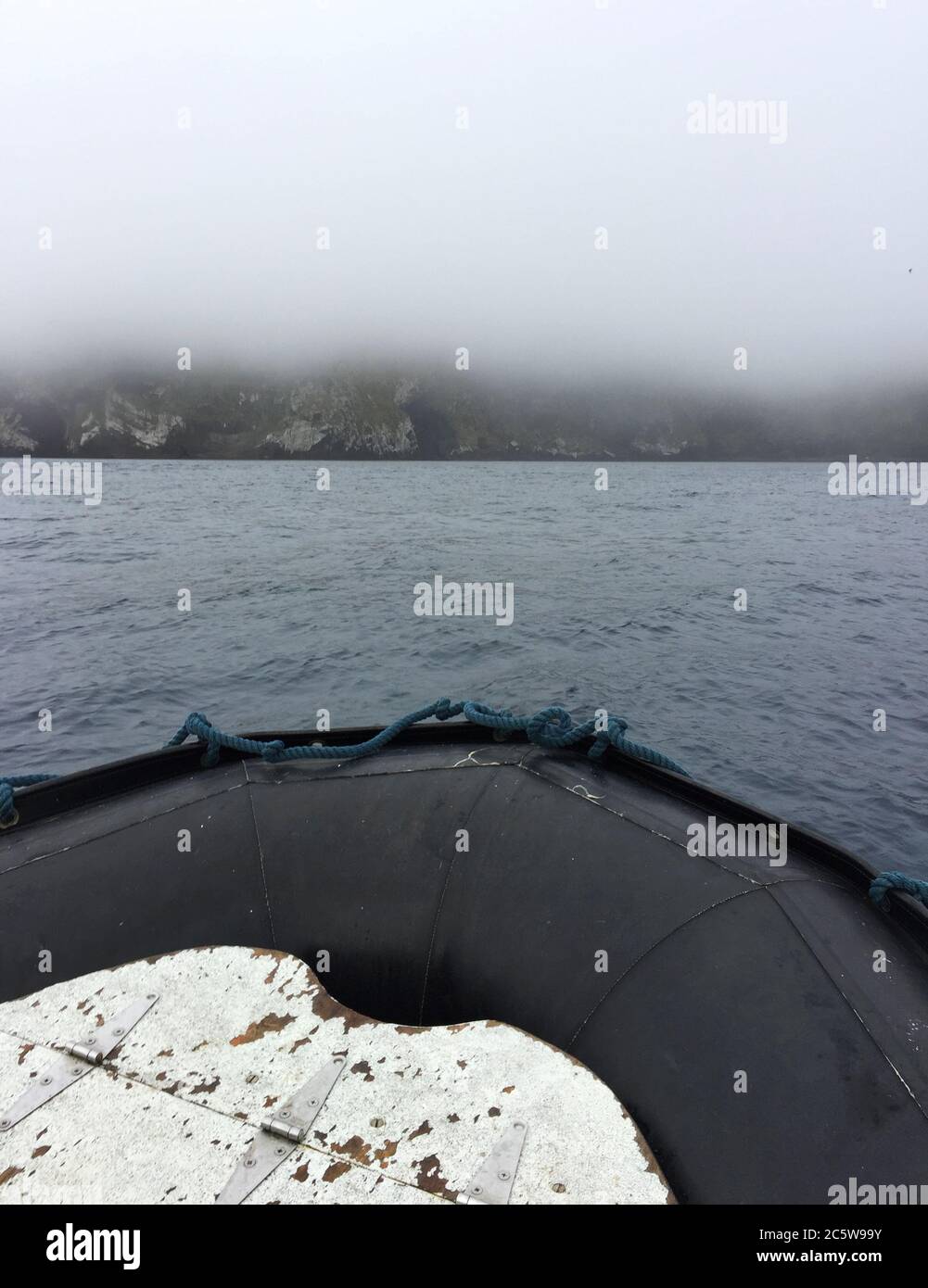 Landscape of the Antipodes islands seen from the Zodiac. A group of ...