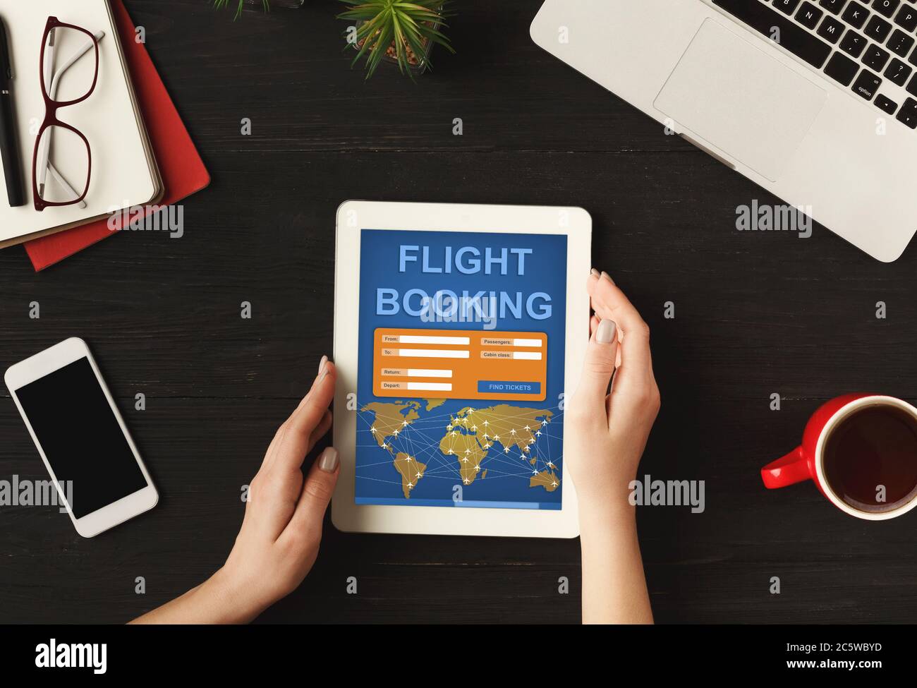 Woman Booking Flight Online Using Tablet At Workplace, Collage, Top ...
