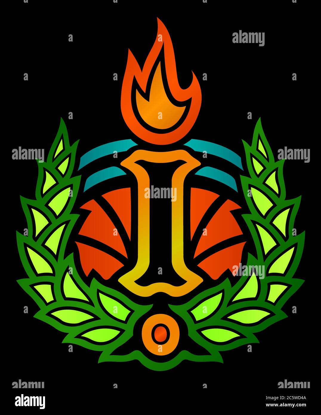 Isolated symbol of the winner with torch and wreath on black background ...