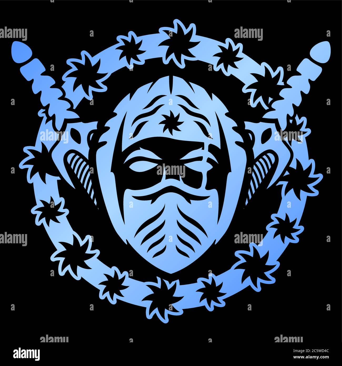 Isolated linear blue emblem with ninja incide the circle with shurikens ...