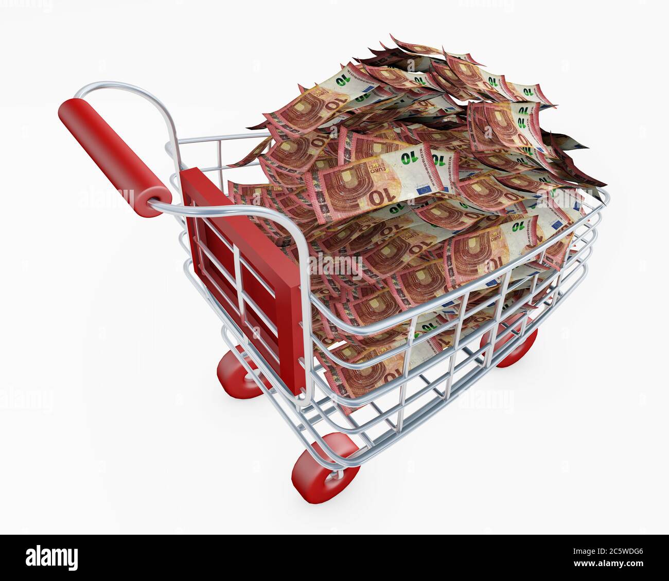 Shopping cart full of money euro banknotes 3d rendering isolated on ...