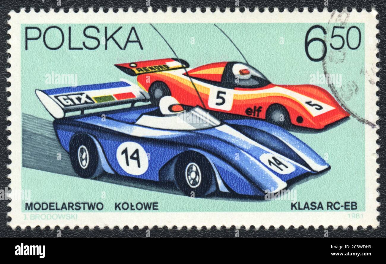 Postage stamp. Two radio-controlled model cars racing, Poland, 1981 ...