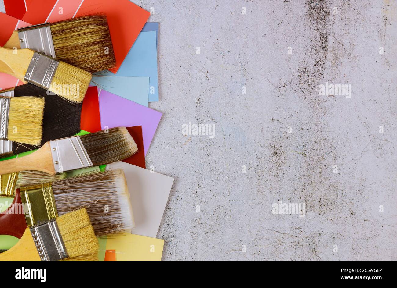 Work table renovation various painting tools with color palette paint ...