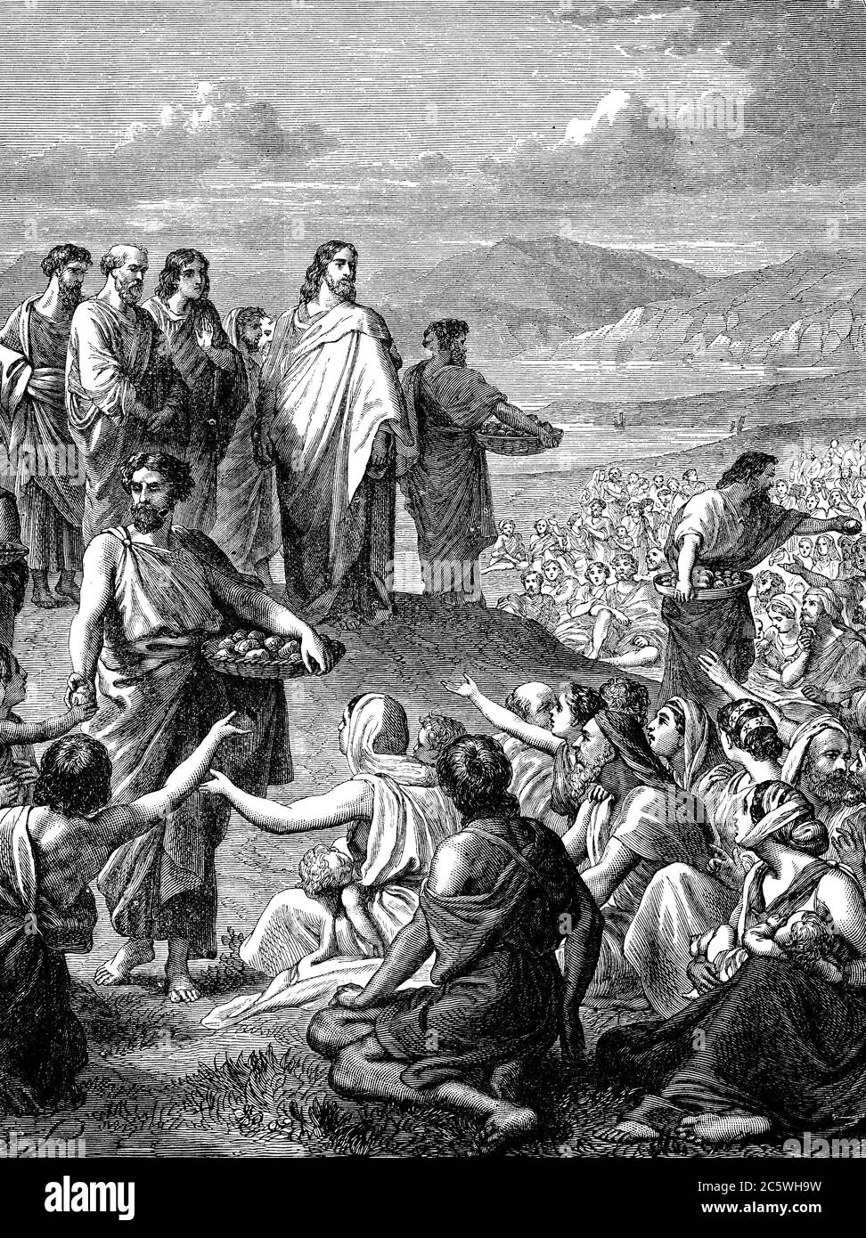 An engraved vintage illustration image of Jesus Feeding of the ...
