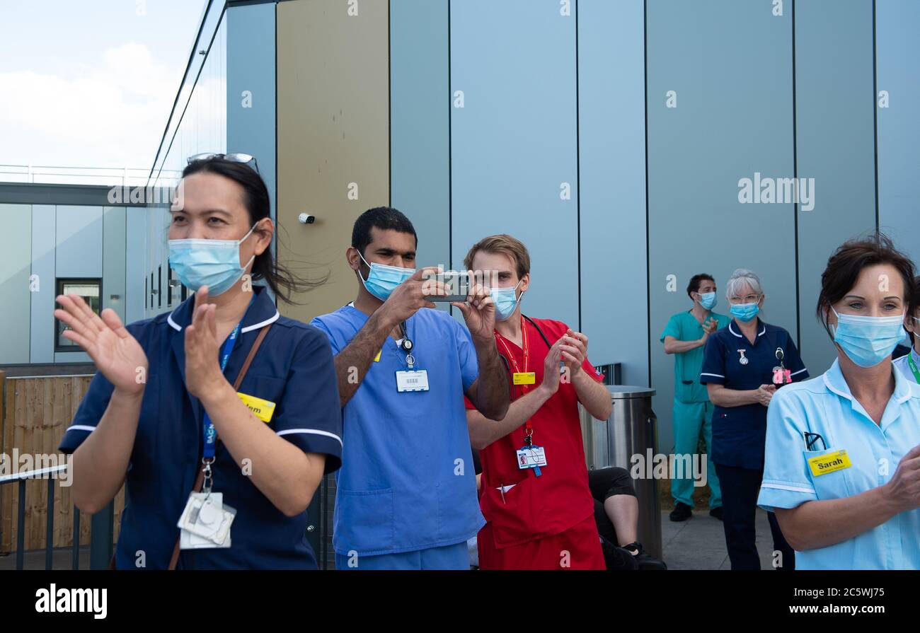 Slough, Berkshire, UK. 5th July, 2020. Staff at Wexham Park Hospital ...