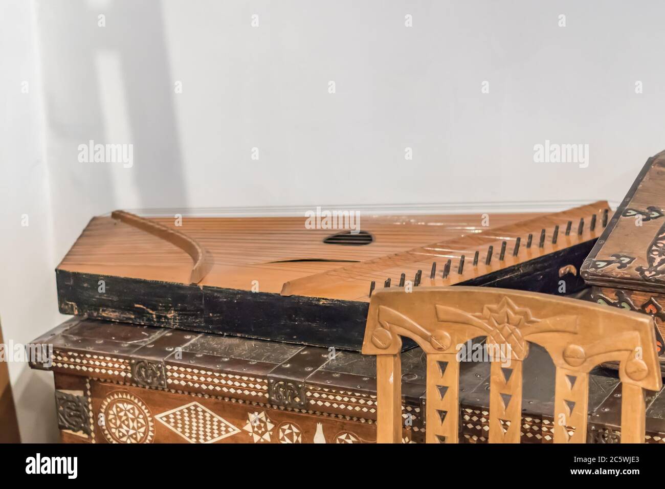 traditional russian music instrument gusli on wooden curved cupboard ...