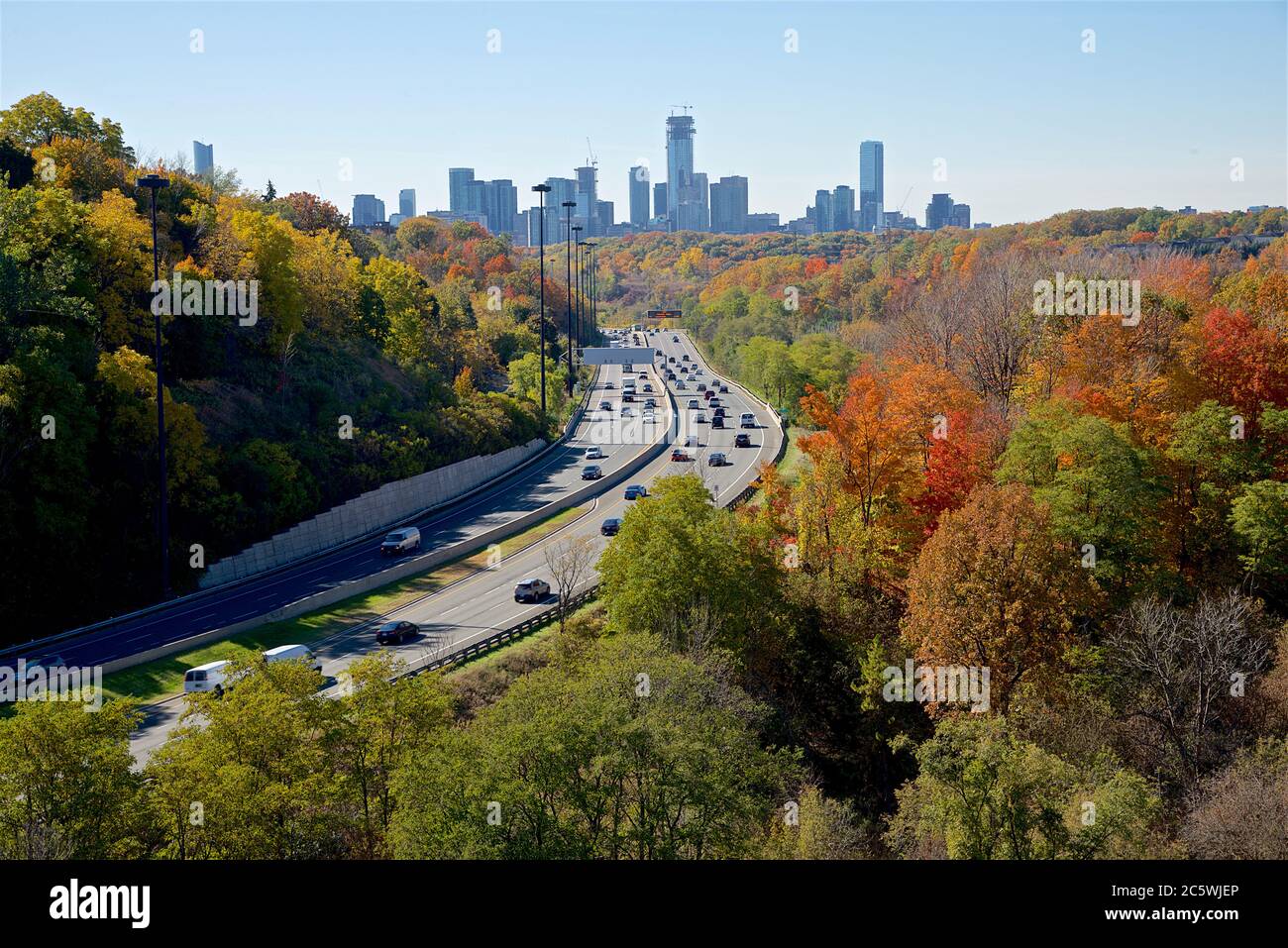 High angle view of the colorful Don Valley Parkway traffic in autumn ...