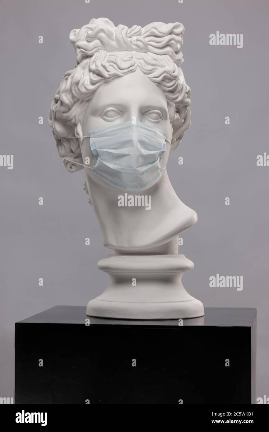 White plaster statue of a bust of Apollo Belvedere in a disposable ...