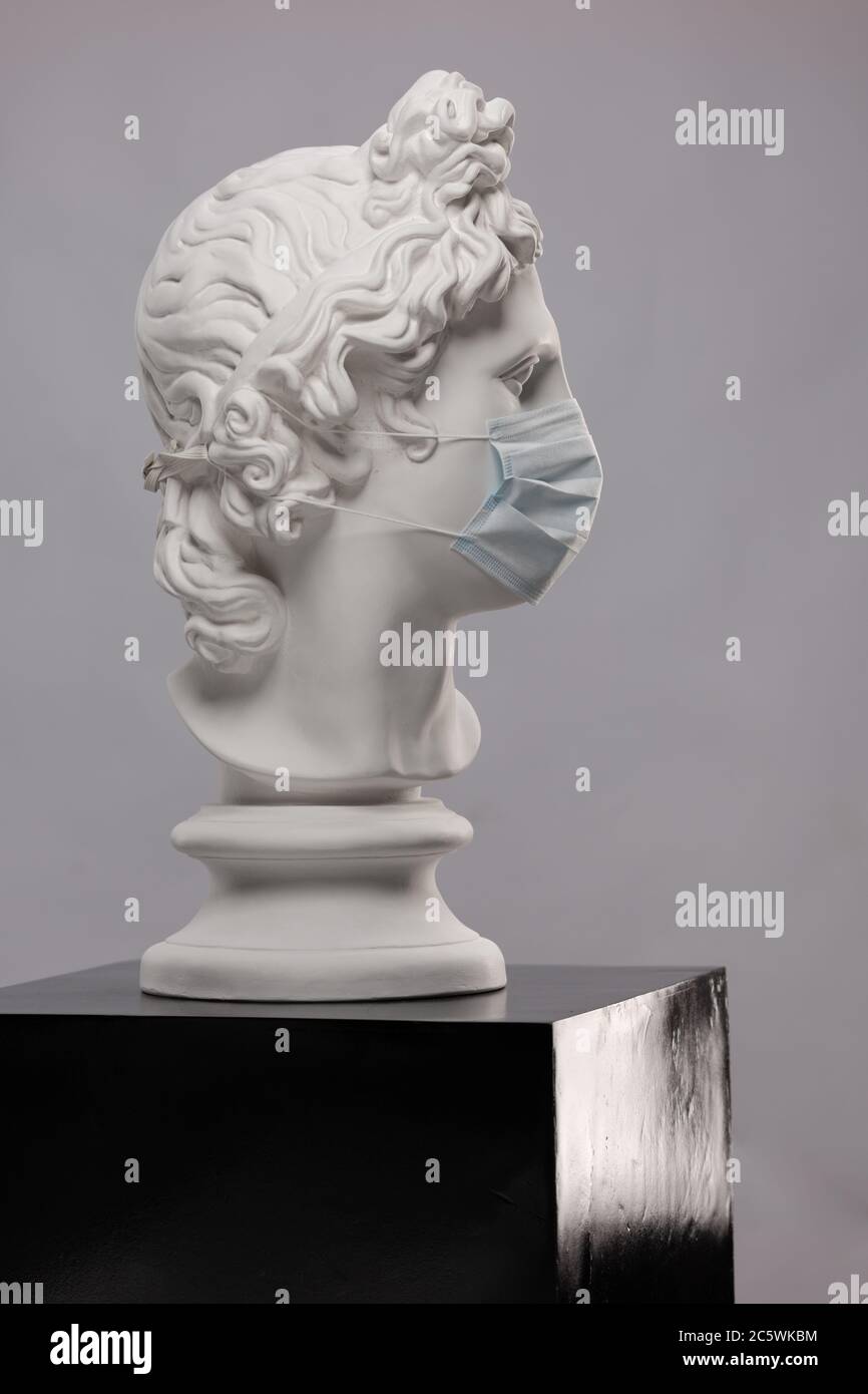 White plaster statue of a bust of Apollo Belvedere in a disposable ...
