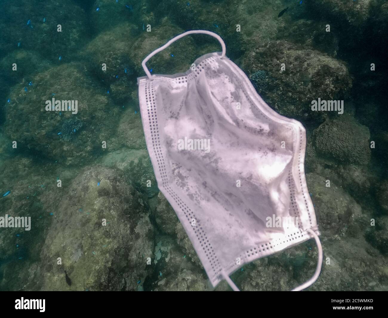 Protective mask discarded and thrown on the ocean. Abandoned facemask ...