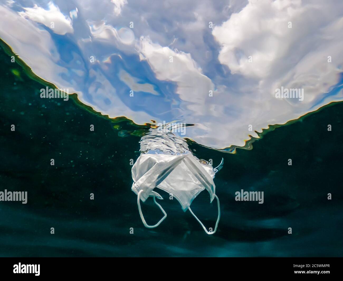 Medical face mask floating underwater. Improperly discarding the used ...