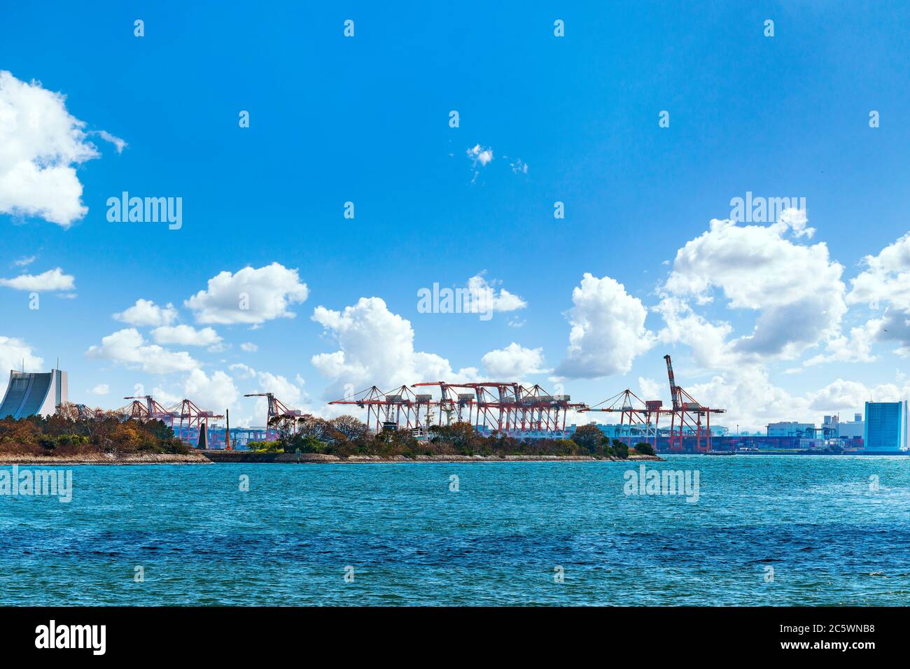 tokyo, japan - april 04 2020: Seascape of the gantry cranes of the ...