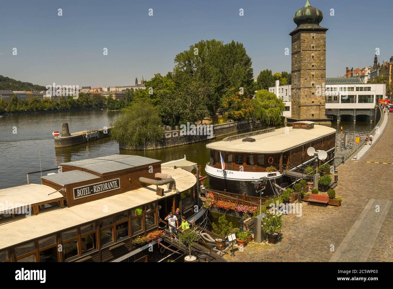 PRAGUE, CZECH REPUBLIC - AUGUST 2018: Restaurant and floating hotel ...