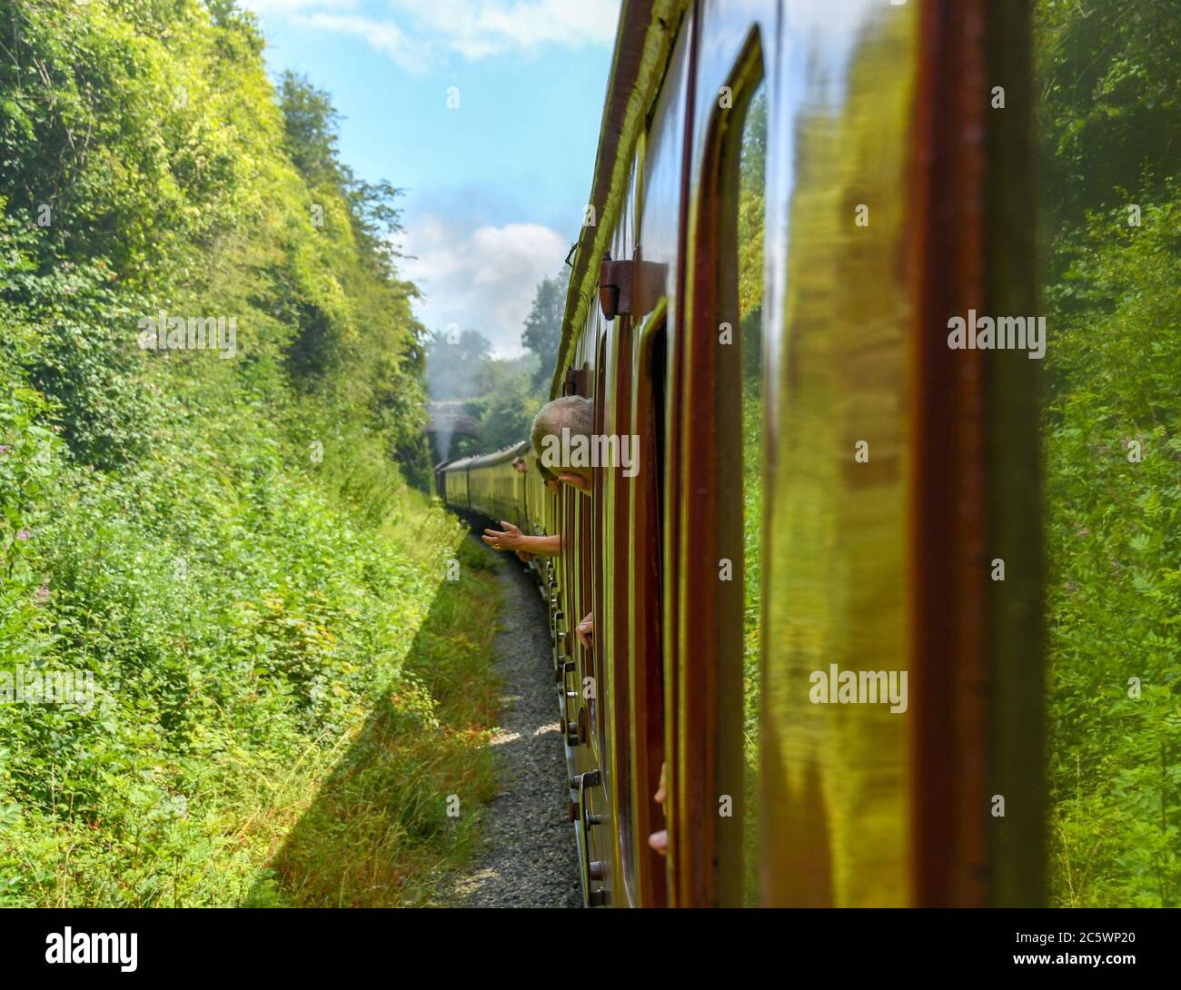 Cranmore, England - July 2019: View from the window of a steam train on ...