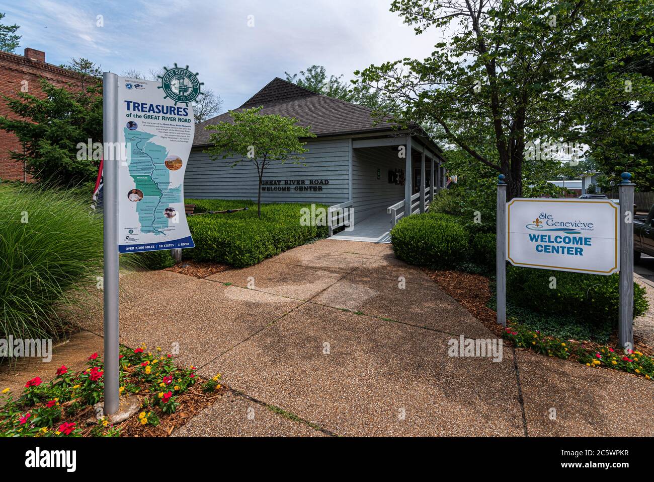 Saint Genevieve, MO--July 3, 2020; Signs welcome people to Great River ...