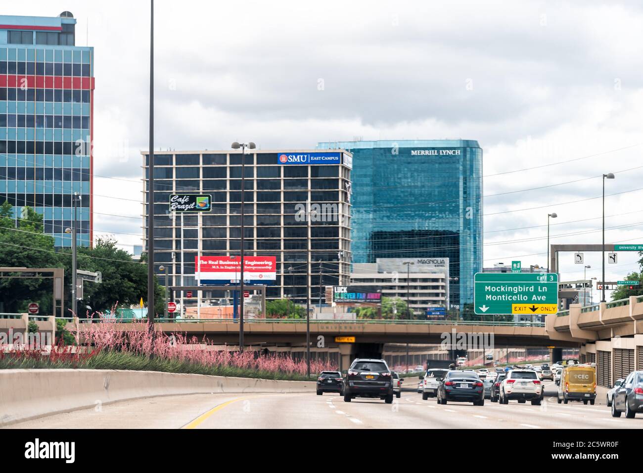 Dallas, USA - June 7, 2019: Highway 75 in modern city in summer with ...
