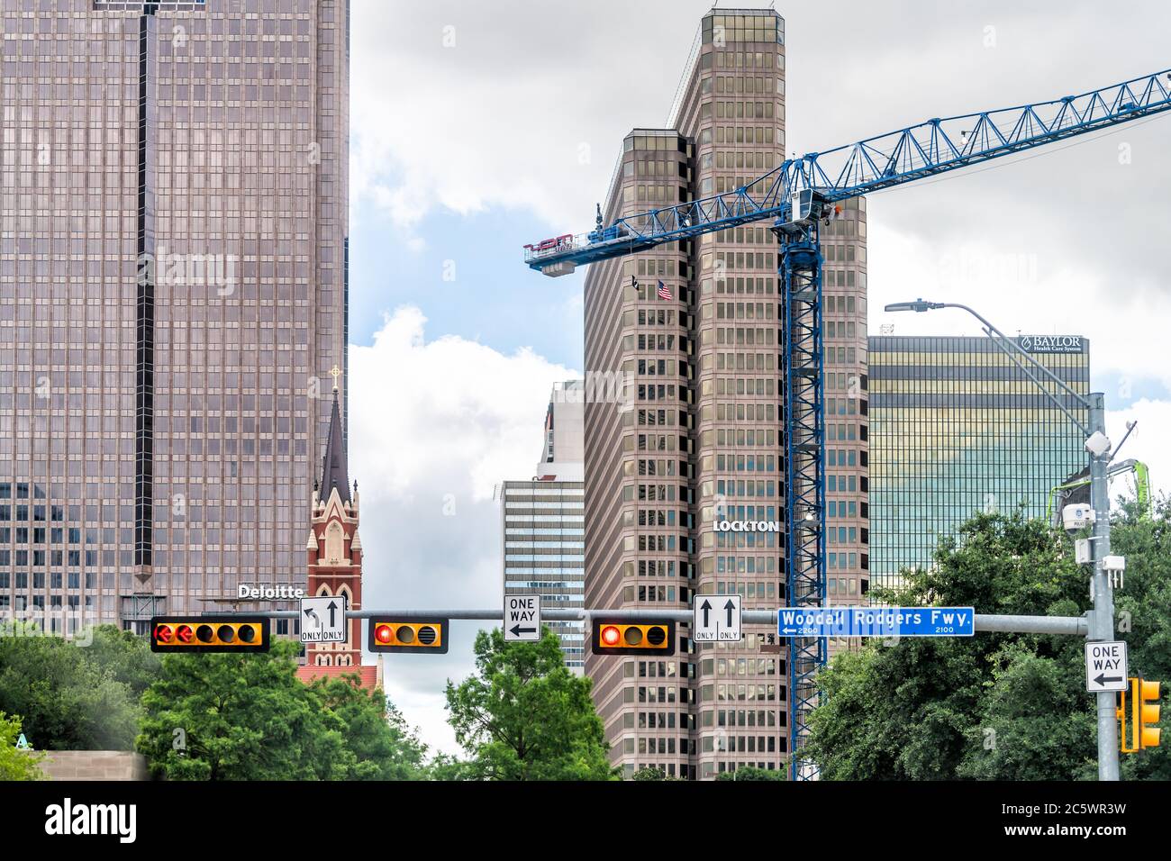 Dallas, USA - June 7, 2019: Road street sign for Woodall Rodgers ...