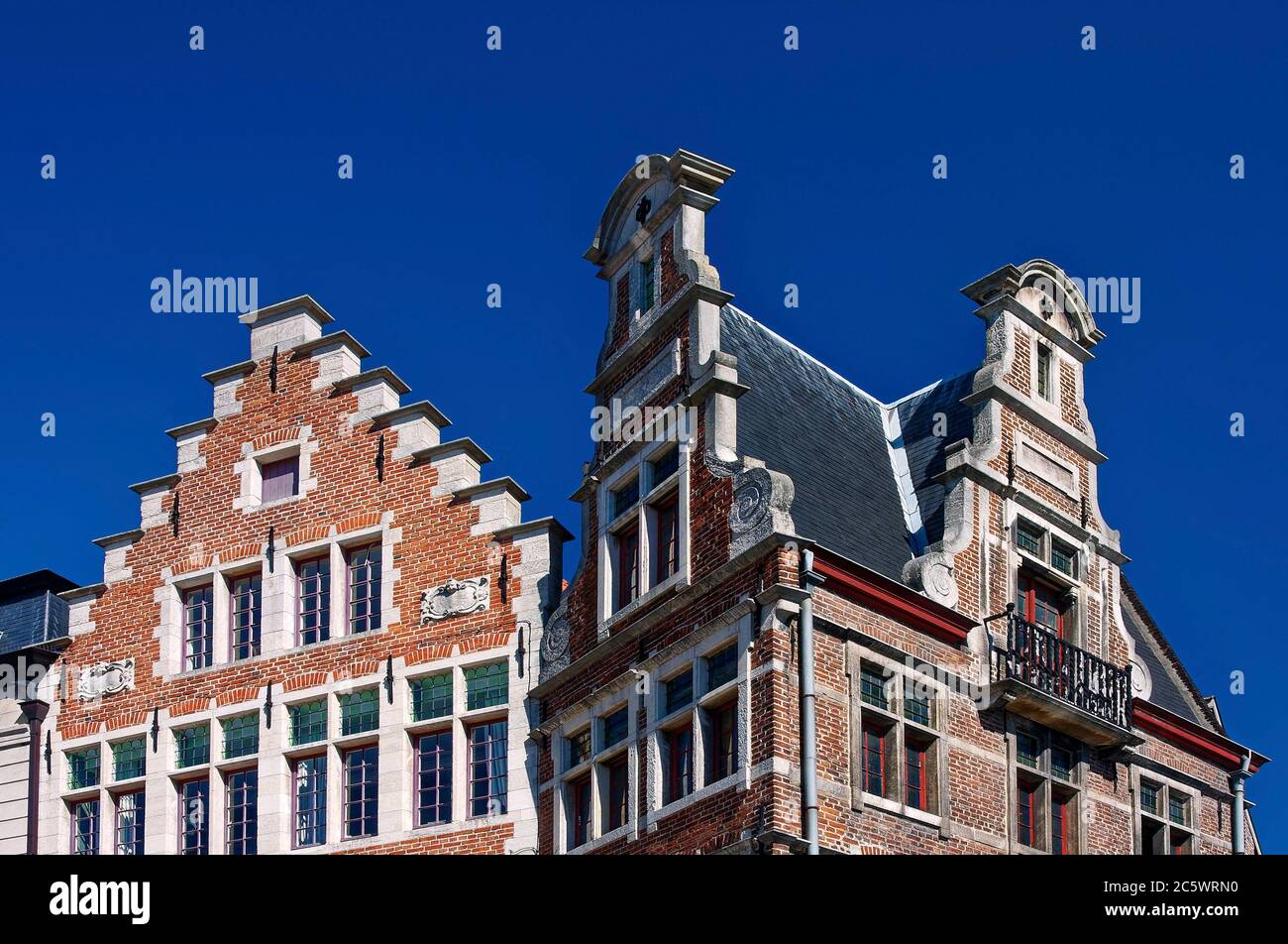 Flemish architecture, stepped roof, two buildings at an angle, front ...