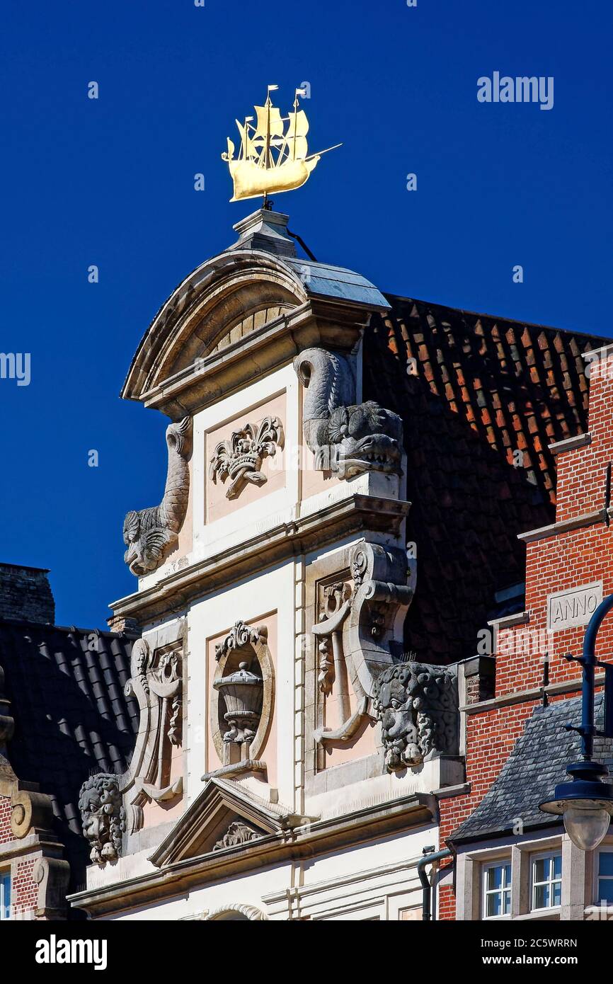 Guild Hall; gold sailing ship figure, Flemish architecture, steep tile ...