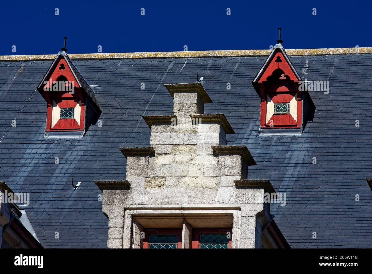 steep roof, dormer windows, red wood, leaded glass windows, stone ...