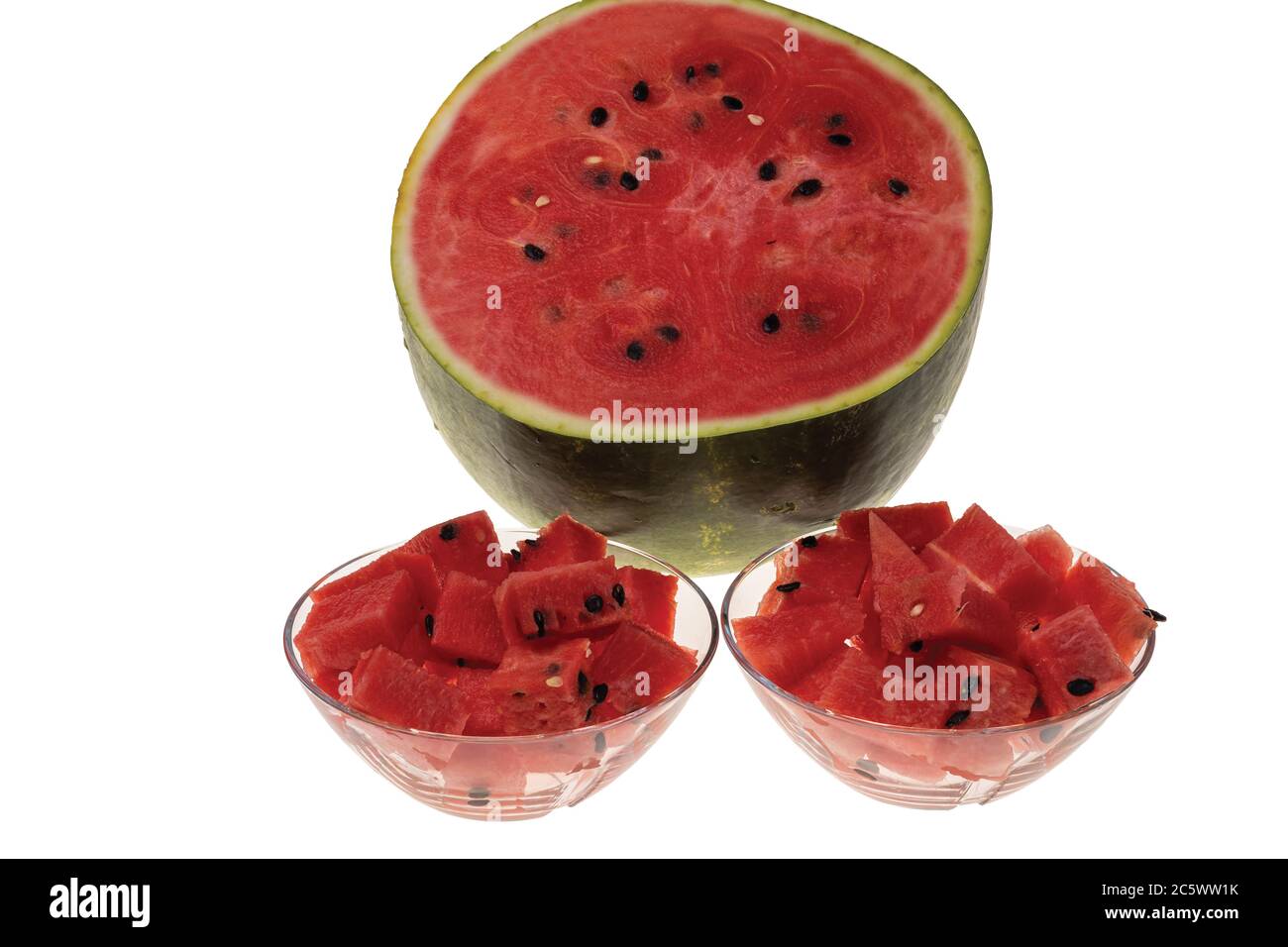 Close up view of whole and diced watermelon on white background Stock ...